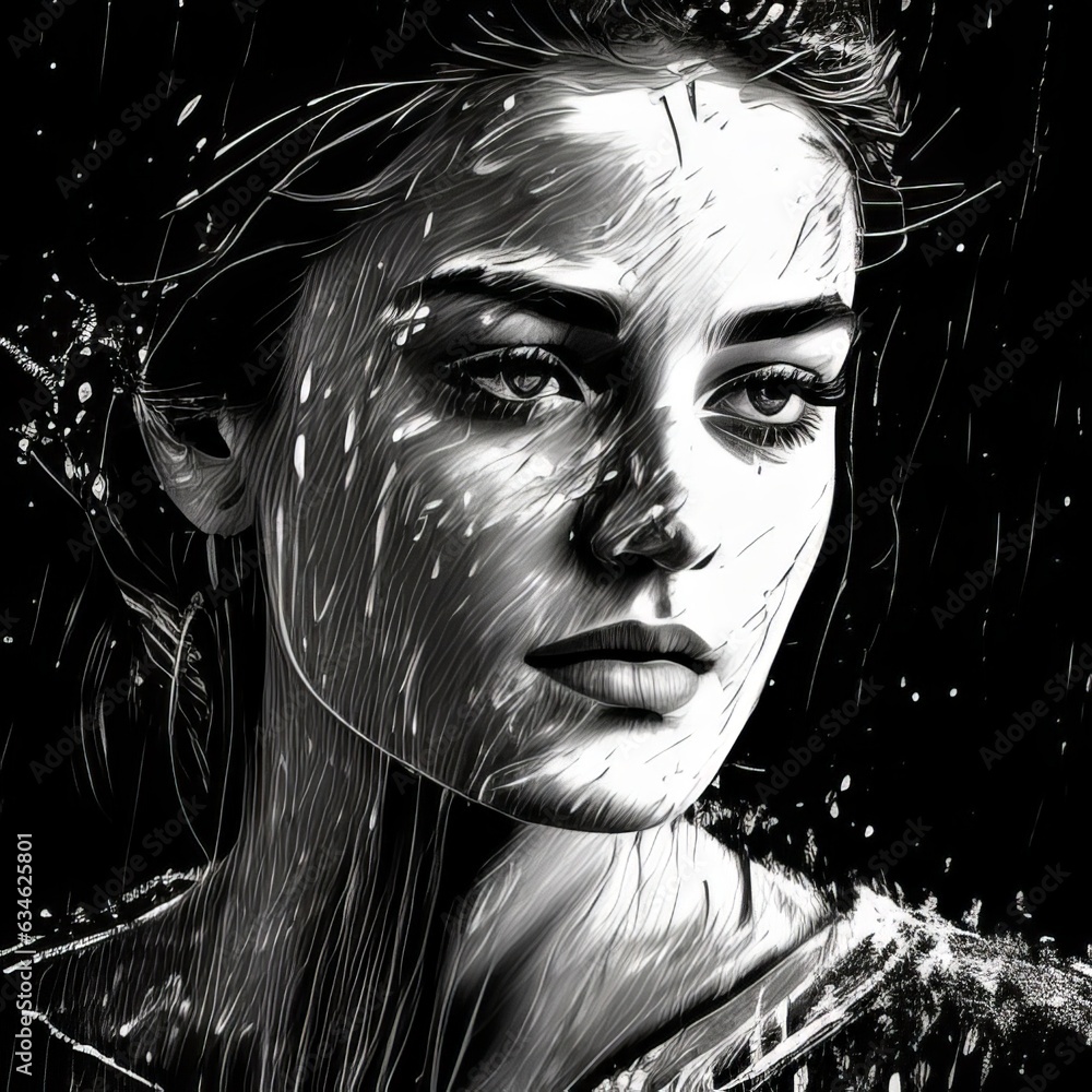 Sketch of a woman with a wet face, black and white woman drawing in a ...