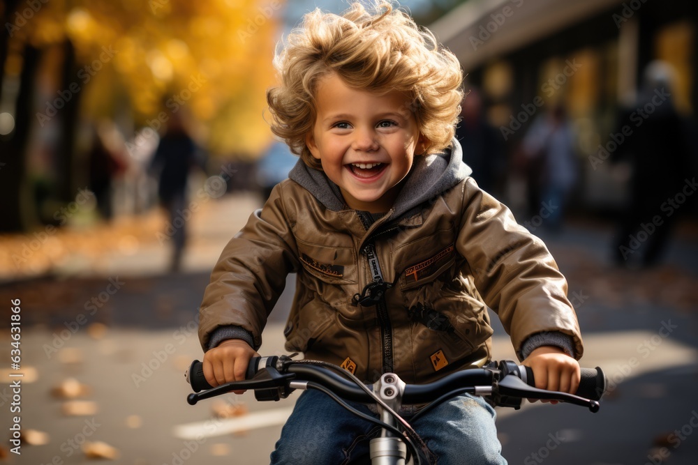 Boy riding a bike for the first time with training wheel - stock ...