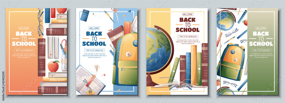 Set of school banners, flyers with backpack, globe, books. Back to ...