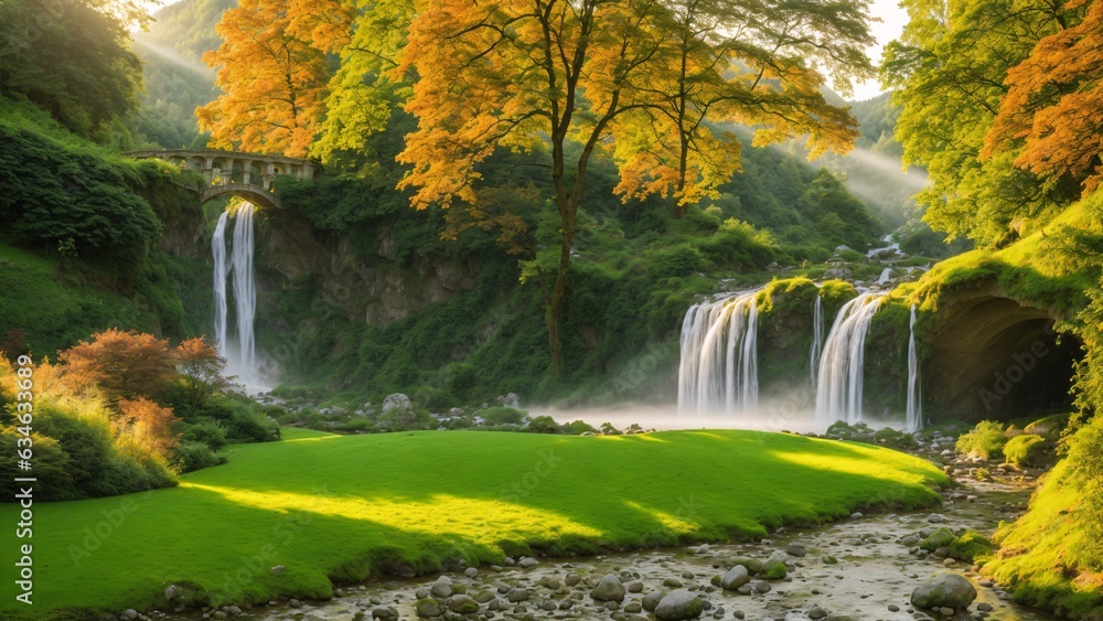 Hidden river escape at forest. A river curve around a lawn, with ...