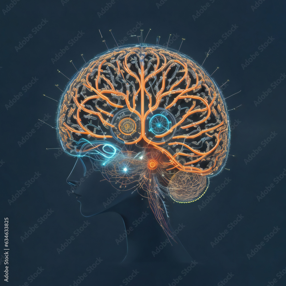 Digital Illustration Of A Female Portrait With Illuminated Brain ...