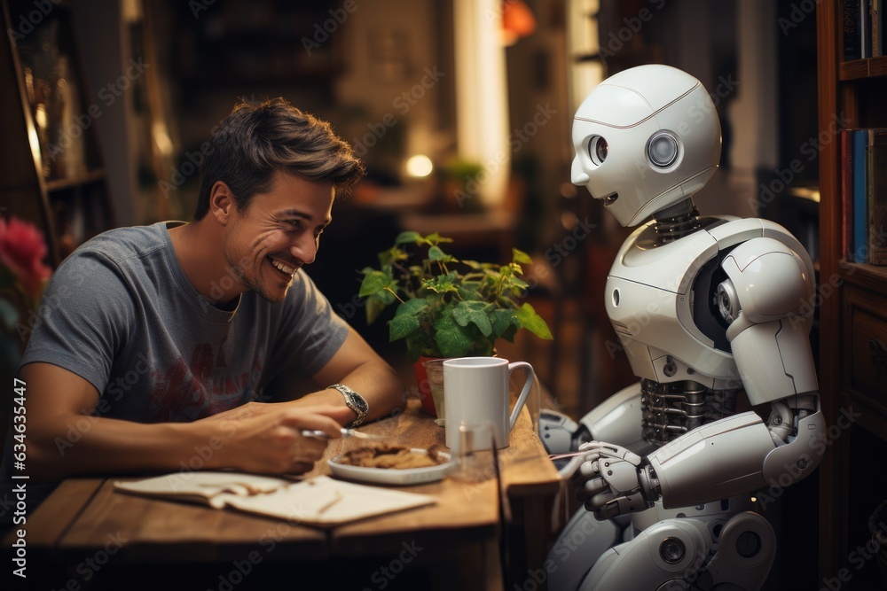 Person interacting with a humanoid robot companion - stock photography ...