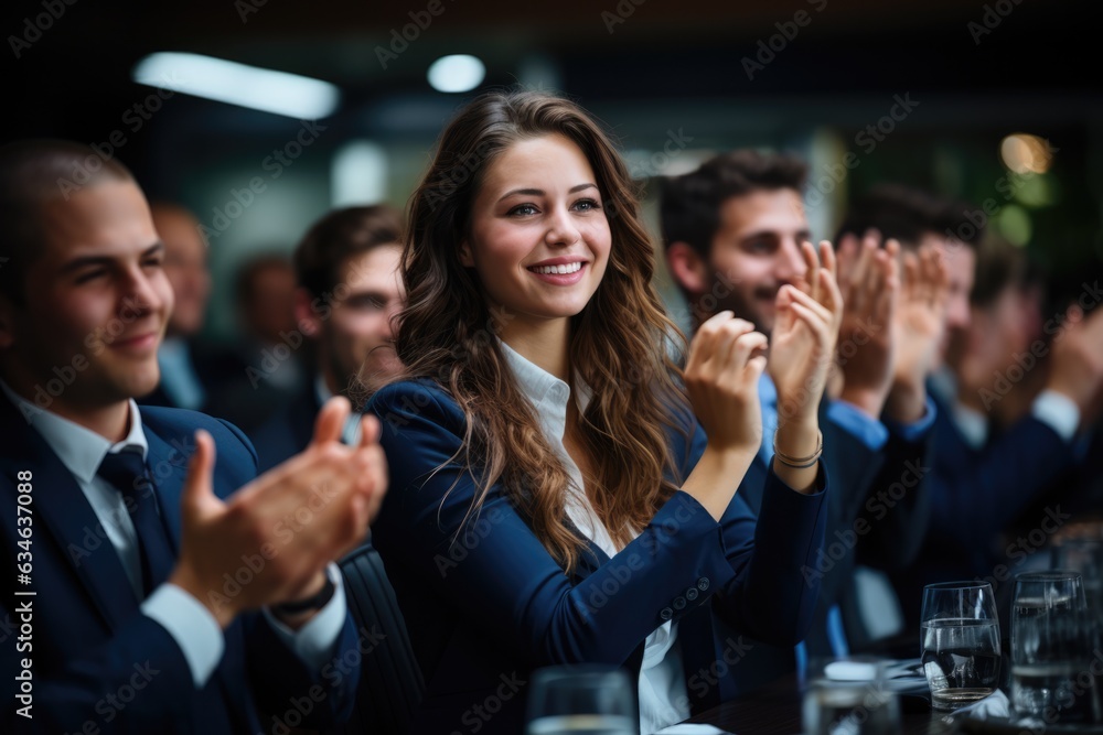 Teammates cheering and clapping for a members success - stock ...