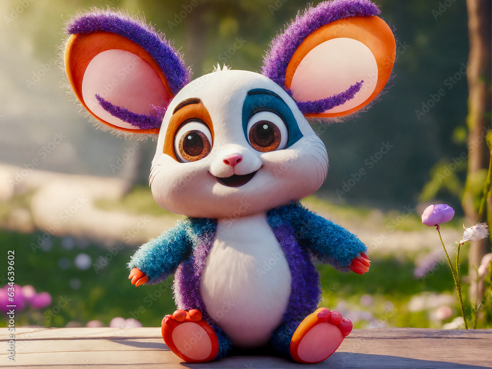 Cartoon character resembling a mouse. Purple and blue body with orange ...