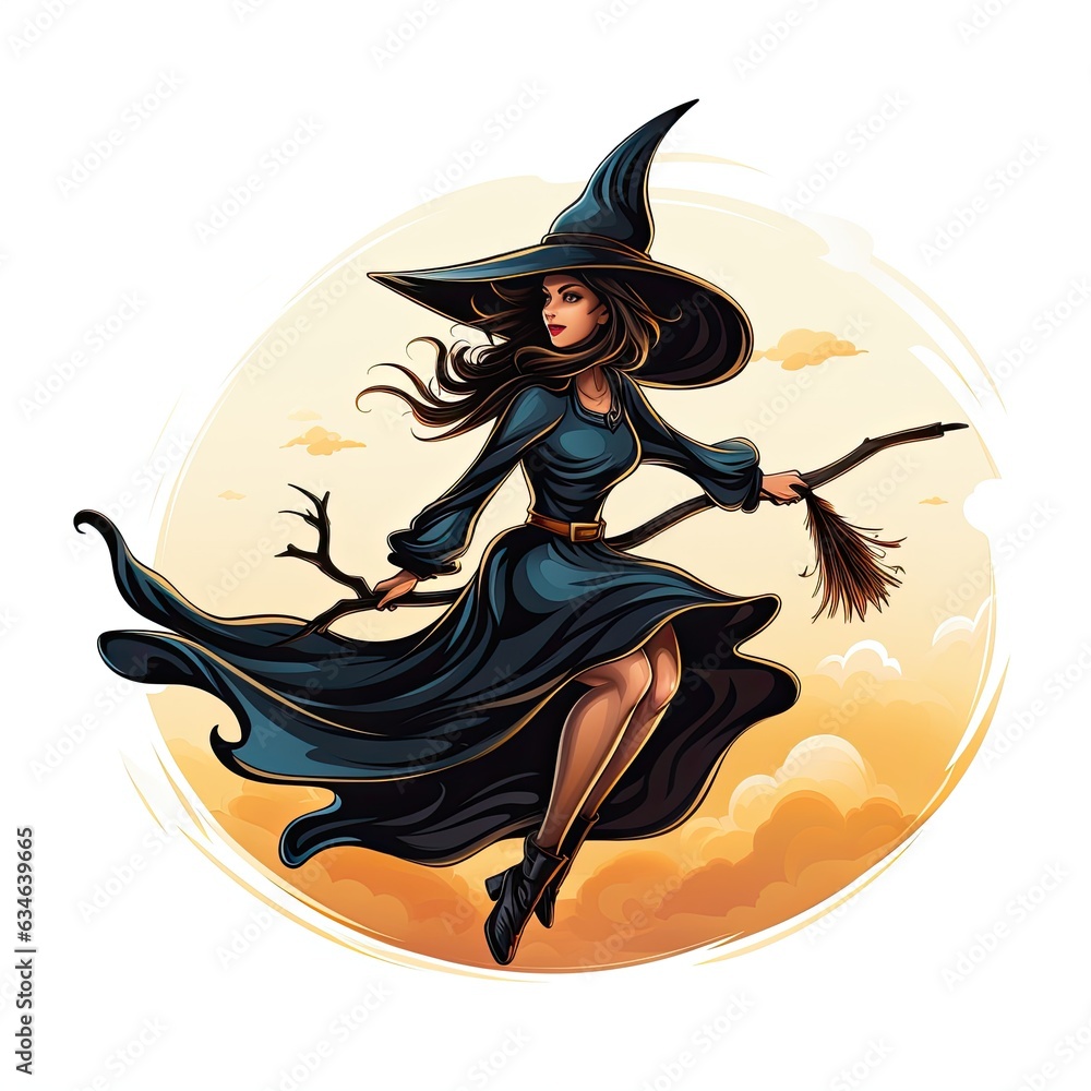 Halloween witch logo illustration on a broomstick. Illustration of a ...
