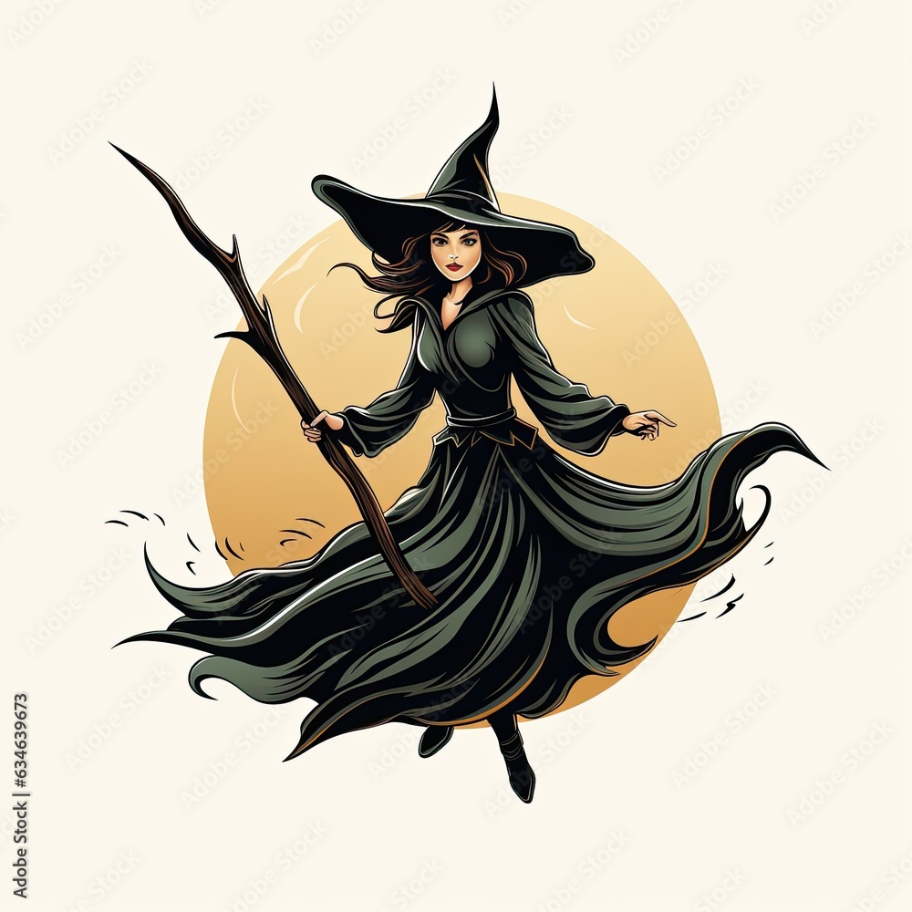 Halloween witch logo illustration on a broomstick. Illustration of a ...