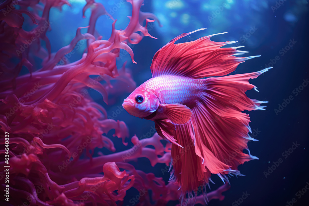 Fish in a blue underwater setting. The fish is swimming in front of a ...