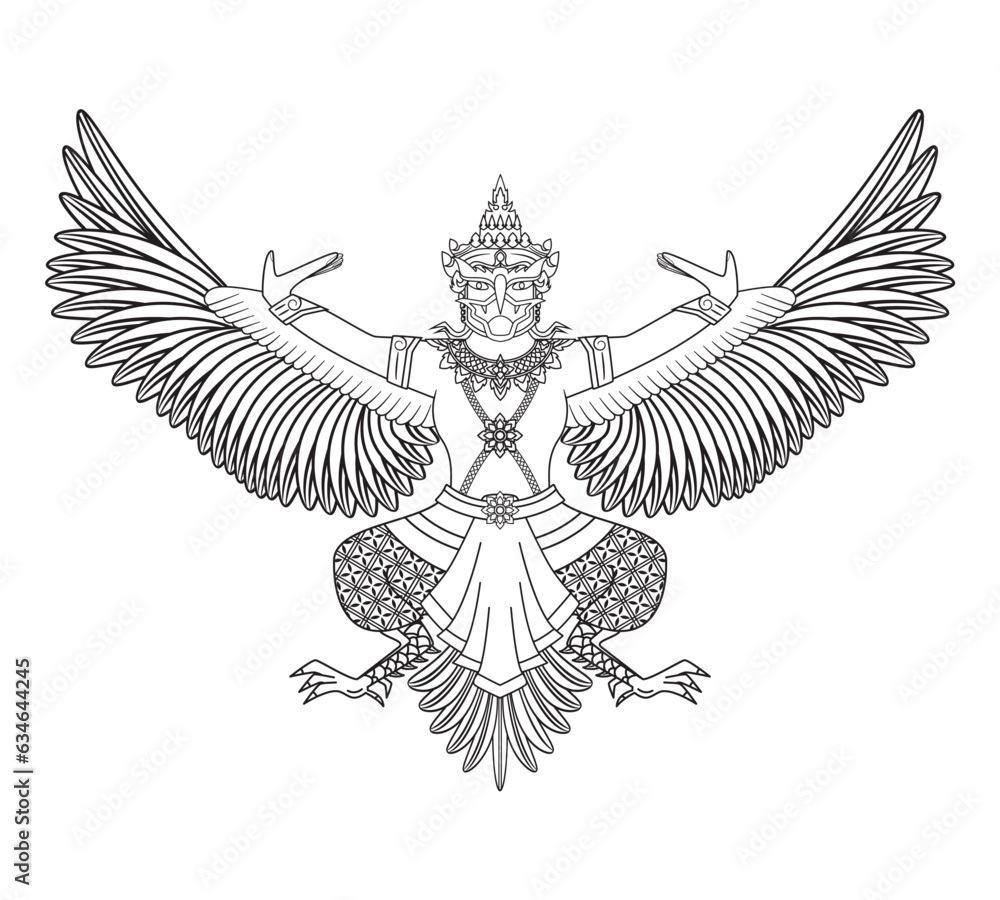 Line art vector of Garuda legendary creature with half human and bird ...