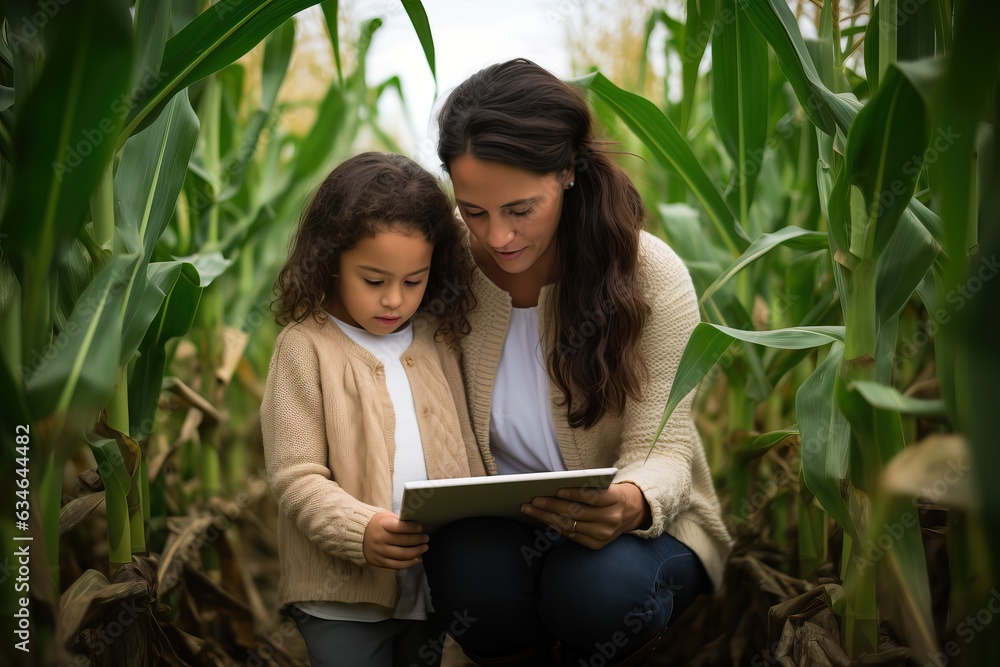 a modern woman farmer and her daughter in a corn field using a digital ...