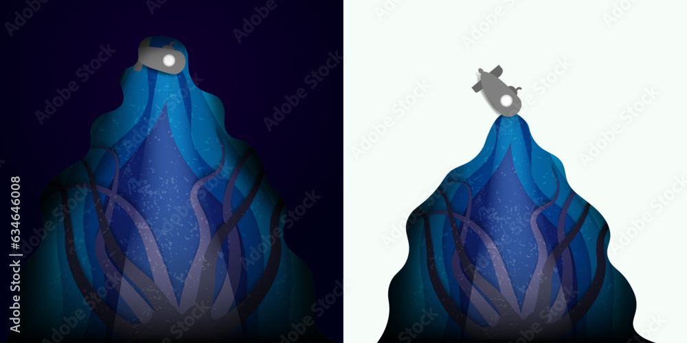 Paper Origami Art of Deep Sea Trench, submarine flashing a light ...