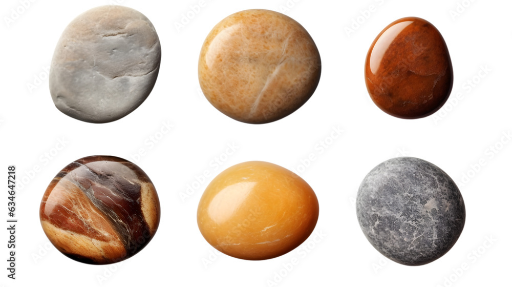 set of six different natural pebbles : stones over a transparent ...