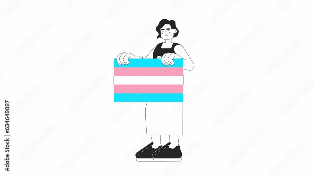Hispanic trans woman holding transgender flag bw 2D character animation ...