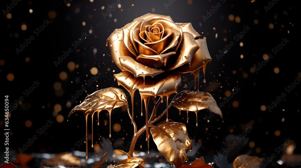 Golden Rose flower with paint splatter on black. Gold Rose Flower Art ...