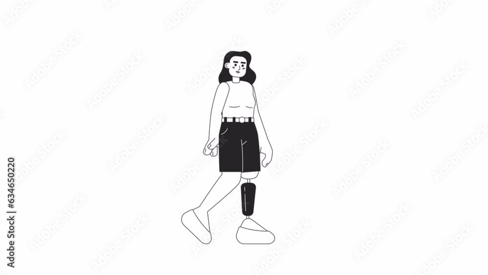 Full bodied woman with prosthetic leg bw 2D character animation ...