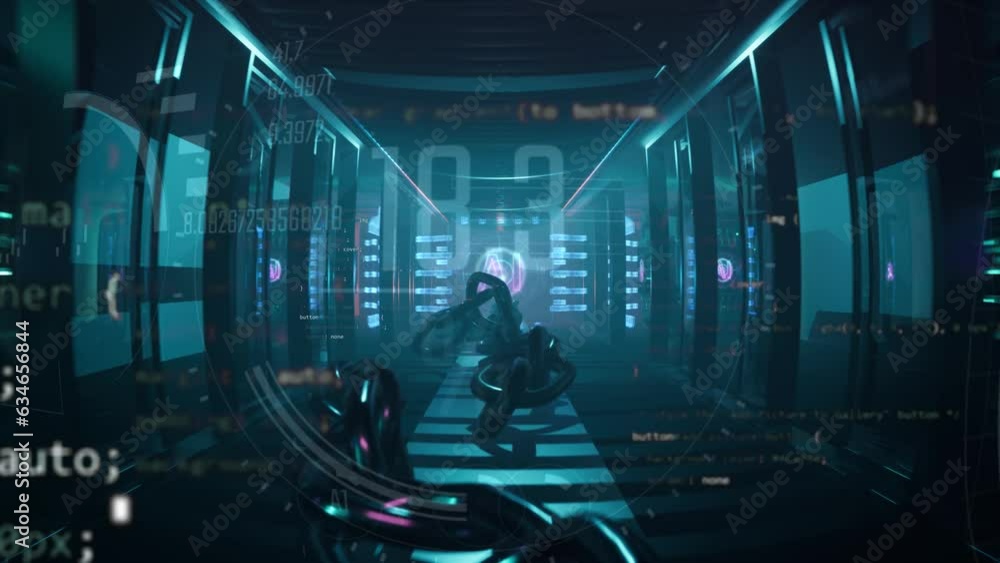server room animation with quantum computer ai control in middle. Steel ...