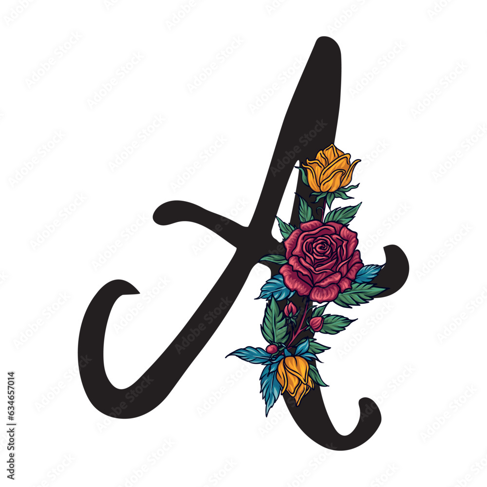letter A handwritten font with roses, hand lettering with hand drawn ...