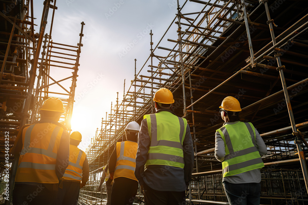 Civil Engineer and Safety Officer Assessing Steel Truss Scaffolding in ...