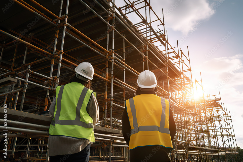 Civil Engineer and Safety Officer Assessing Steel Truss Scaffolding in ...