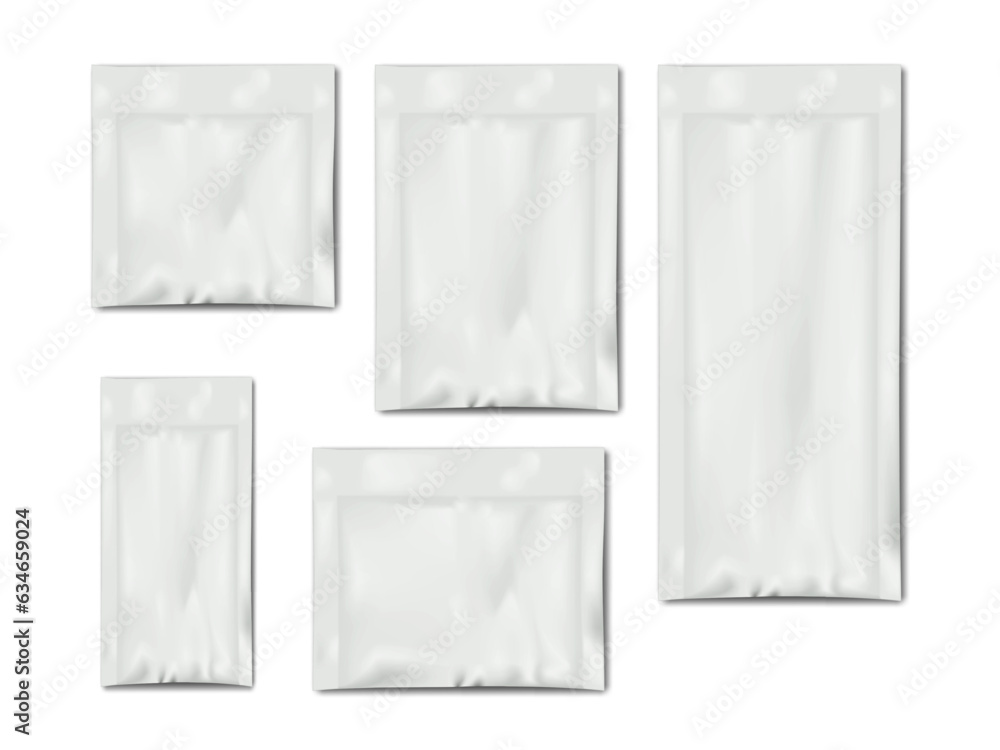 Blank white sachet packet. Vector mockup set. Plastic, paper or foil ...