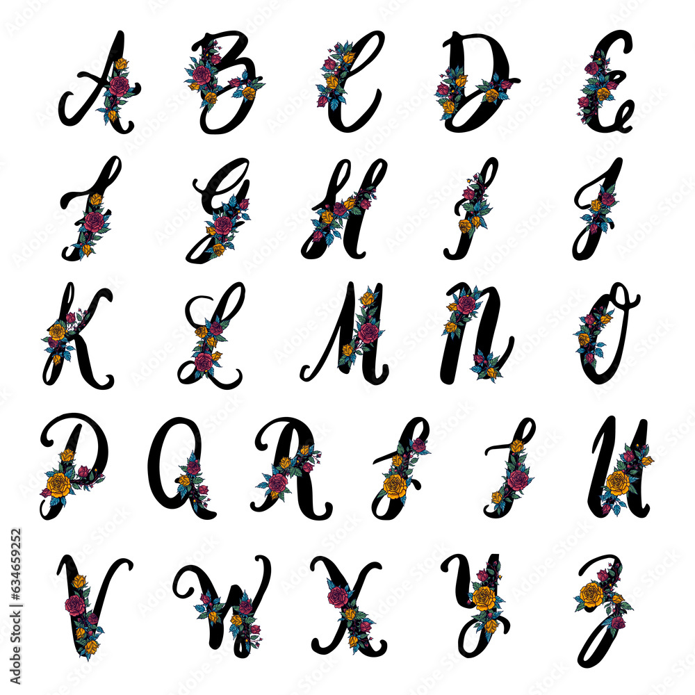 handwritten font with roses, hand lettering with hand drawn rose flower ...