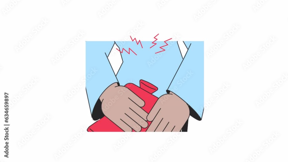 Putting hot water bottle on stomach line 2D close up body part ...