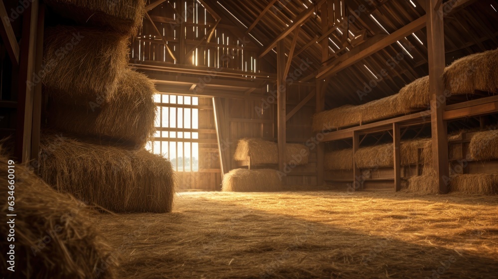 Hayloft interior with hay-bales and sun rays. Stock Photo | Adobe Stock