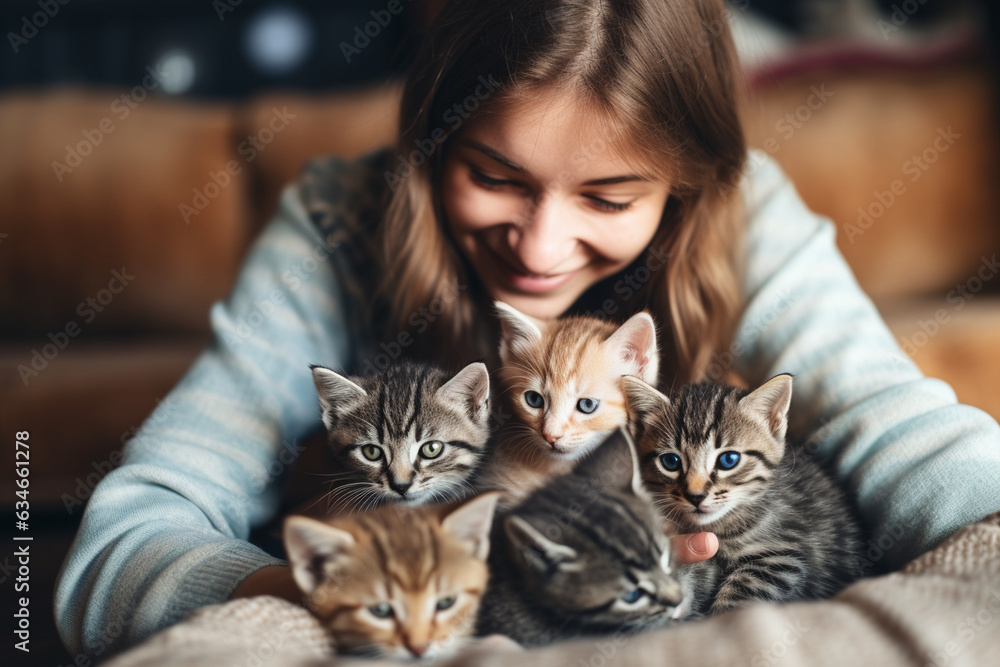 A person sitting cross-legged as a group of kittens playfully crawl ...