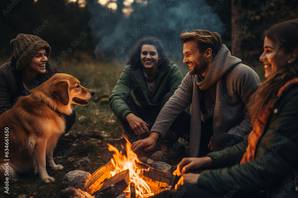 A group of friends gathered around a campfire, their dogs resting ...