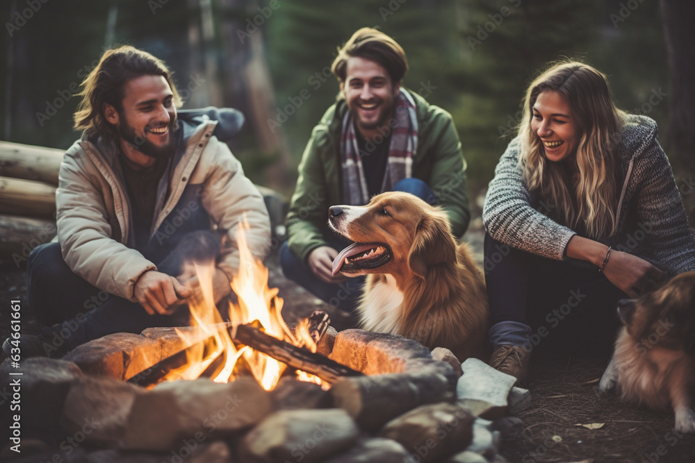 A group of friends gathered around a campfire, their dogs resting ...