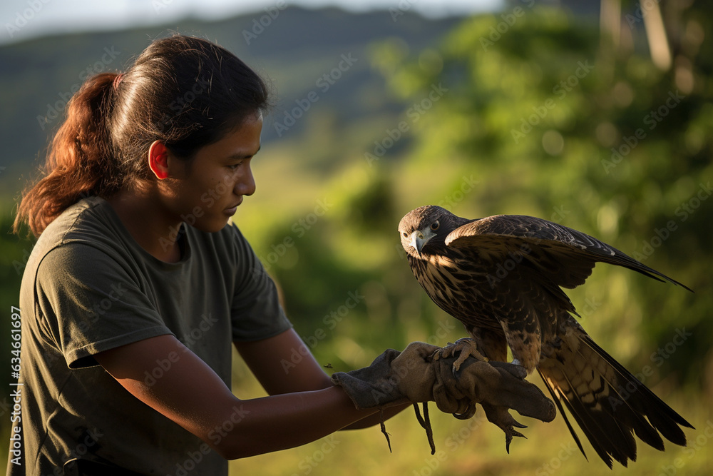 Ilustrace „A wildlife rehabilitator releasing a rehabilitated bird of ...