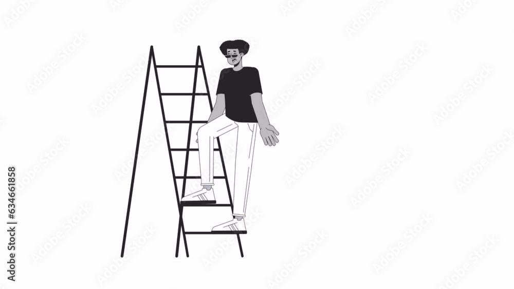 Ladder fall injury bw outline cartoon animation. Slipping hazard at ...