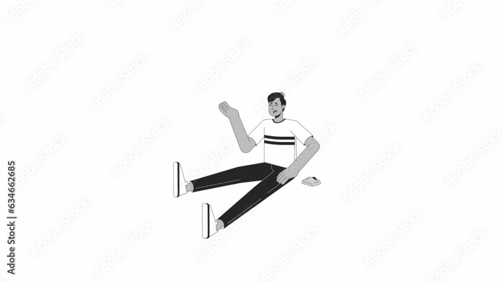 Suffering man with bump on head bw outline cartoon animation. Stone ...