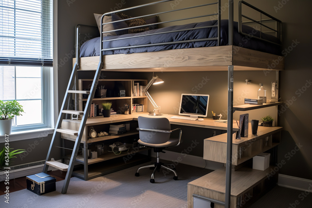 Space-saving elevated loft bed design, complete with a functional workspace underneath, ideal ...