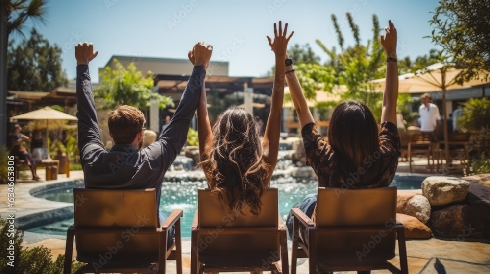 three friends are sitting on folding chairs by a pool and raising their ...