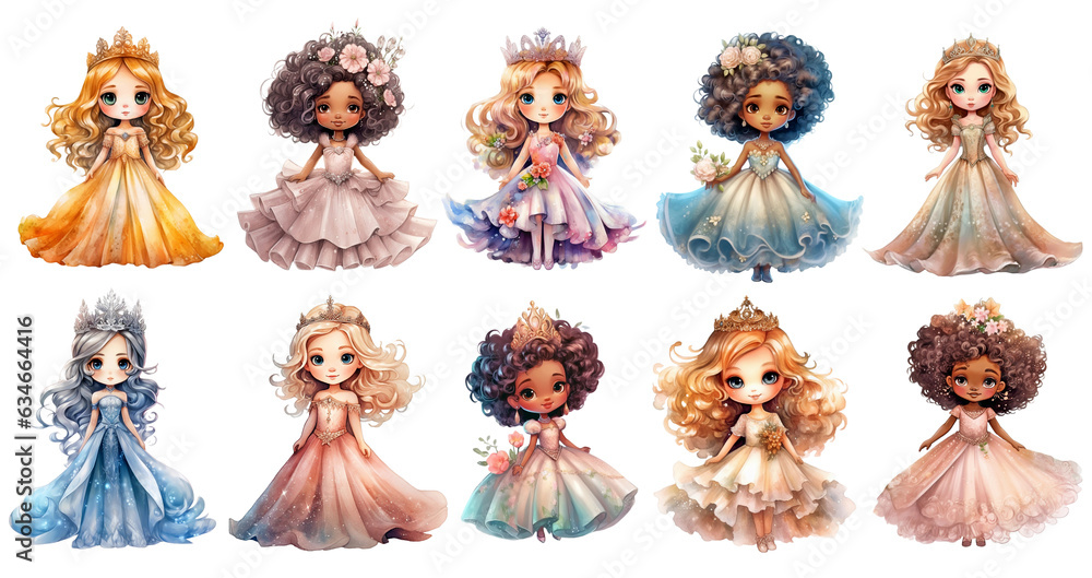 Set of cute cartoon princesses with crowns, watercolor portraits of ...