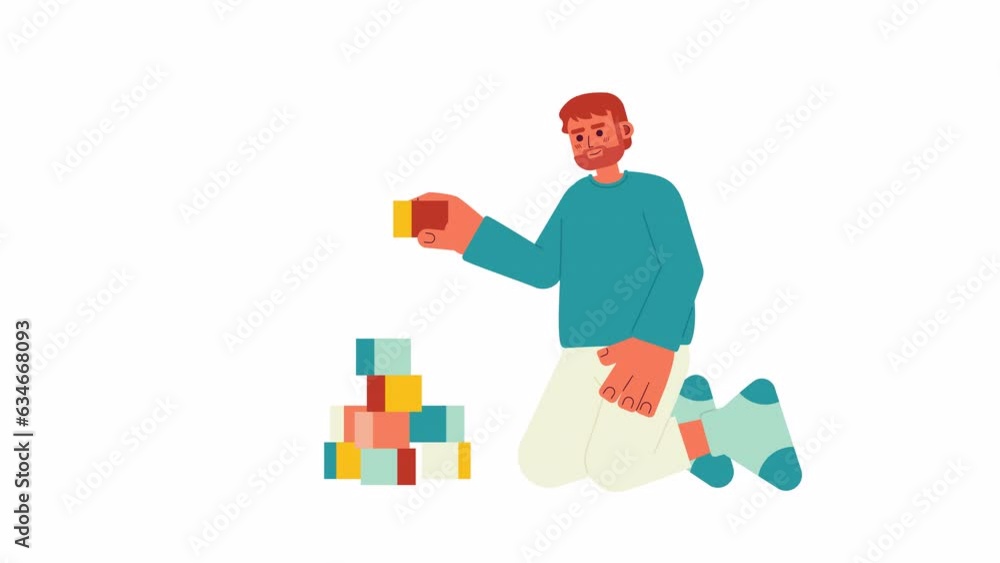 Happy bearded father playing with bricks 2D character animation ...