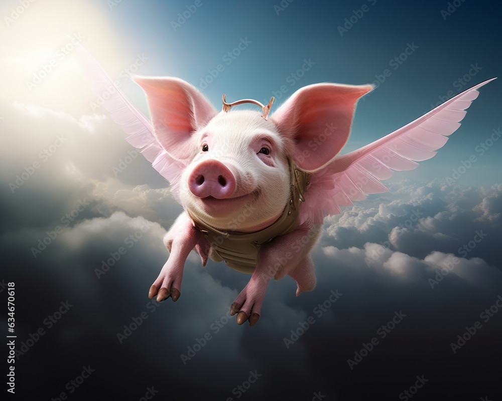 Happy cute flying pig with pink wings in the air. An abstract scene ...