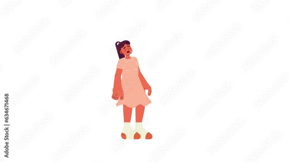 Little girl in cute dress crying 2D character animation. Worried kid ...