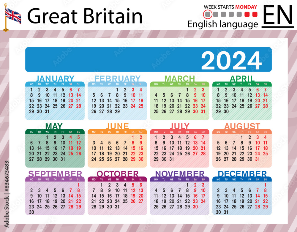 English horizontal pocket calendar for 2024. Week starts Monday Stock ...