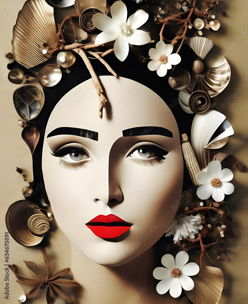 collage portrait of a beautiful female face with monochrome features ...