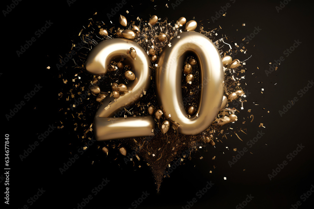 Golden number 20, twenty. Font. Happy birthday with balloons, bubbles ...