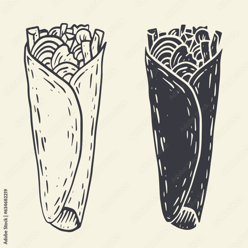 Doner kebab in vintage hand drawn style. Cartoon sketch delicious fast ...