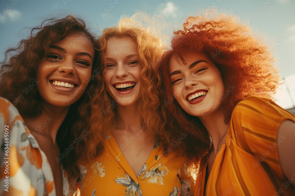 Four beautiful women pose for a picture, smiling and showing off their ...