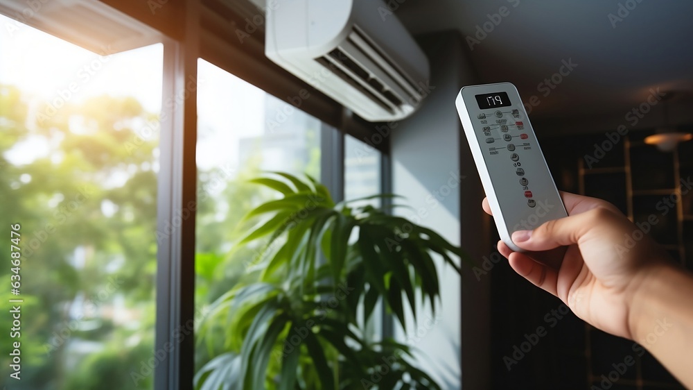 Man setups air conditioner with remote control in office Stock Photo ...