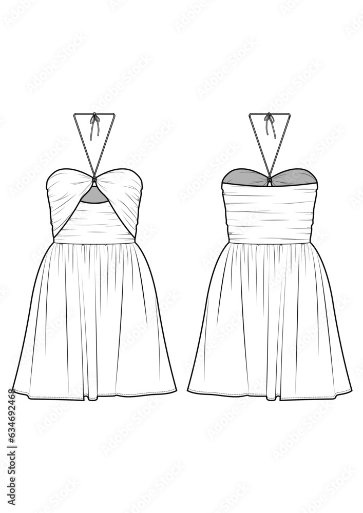 halter neck cutout fit and flare dress technical drawing / flat sketch ...
