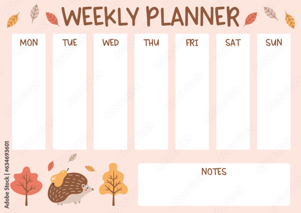 Weekly planner for kids with cute hedgehog, trees and falling leaves ...