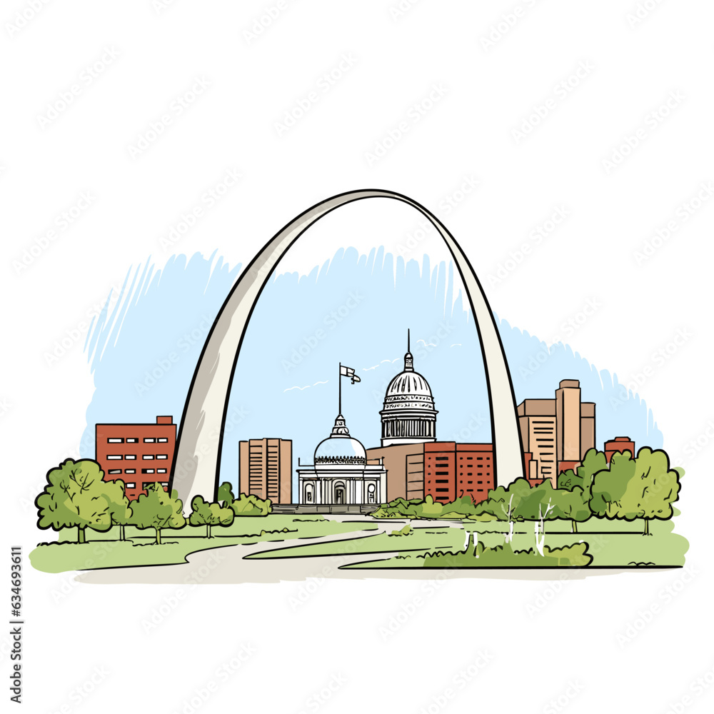 Gateway Arch. Gateway Arch hand-drawn comic illustration. Vector doodle ...