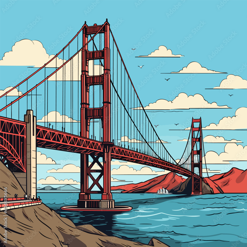 Golden Gate Bridge. Golden Gate Bridge hand-drawn comic illustration ...
