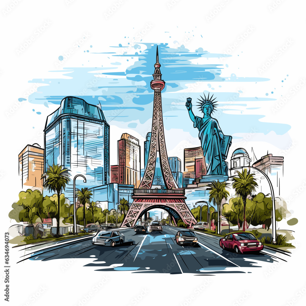 Las Vegas. Las Vegas hand-drawn comic illustration. Vector doodle style ...