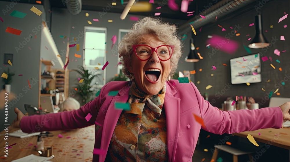 Portrait of old woman celebrating succeed winner gesture exited with ...